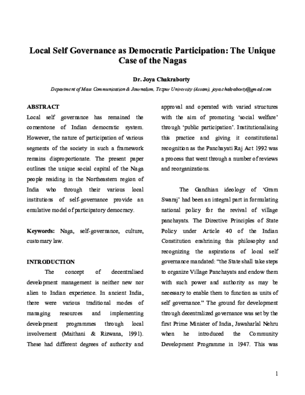 (PDF) Local Self Governance as Democratic Participation: The Unique ...