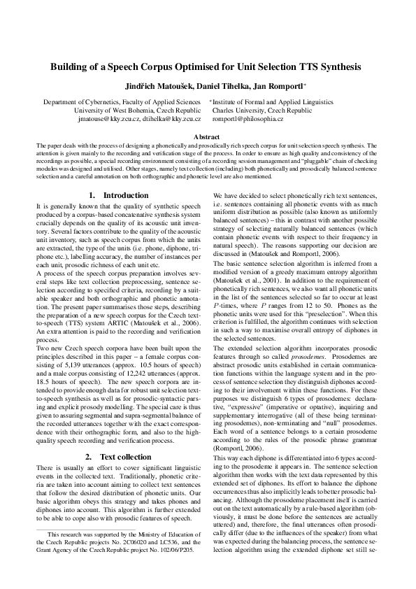 Pdf Building Of A Speech Corpus Optimised For Unit Selection Tts Synthesis
