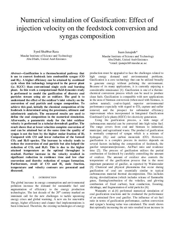 (PDF) Numerical simulation of Gasification: Effect of injection velocity on the feedstock ...