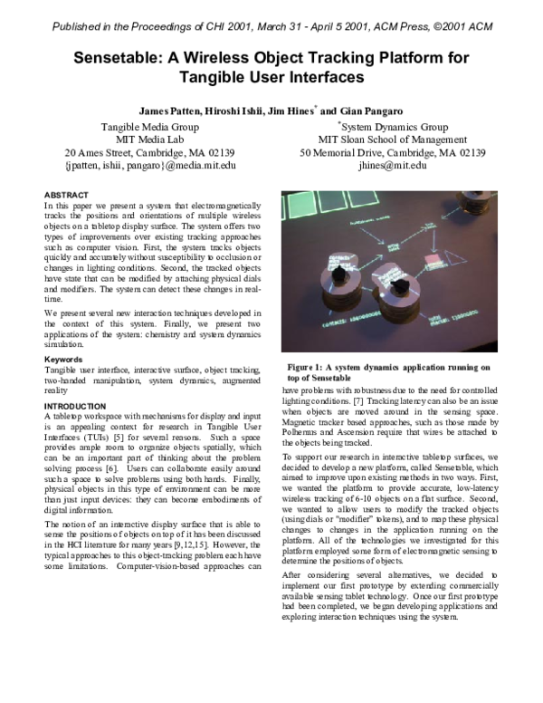 (PDF) Sensetable: a wireless object tracking platform for tangible user interfaces