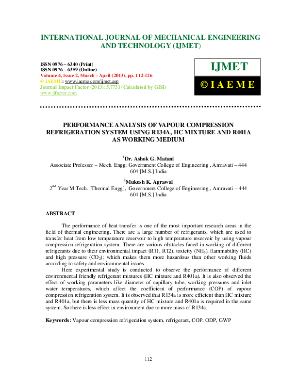 Pdf Performance Analysis Of Vapour Compression Refrigeration System Using R134a Hc Mixture