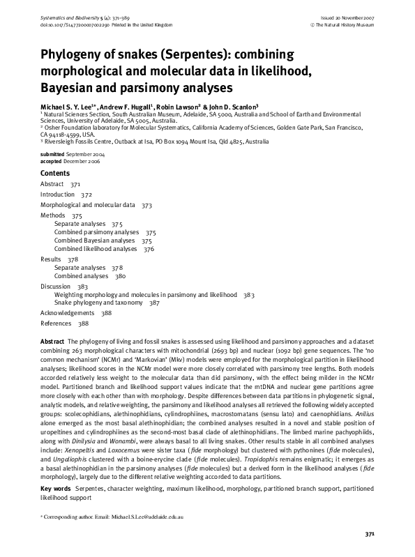 Phylogeny of snakes (Serpentes): Combining morphological and molecular ...