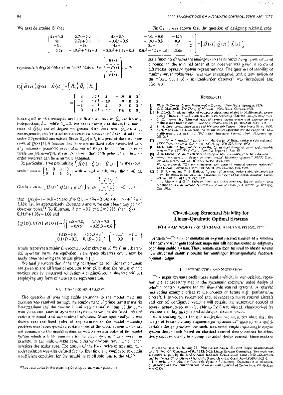 (PDF) Closed-loop structural stability for linear quadratic optimal system