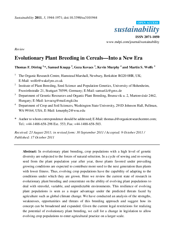 (PDF) Evolutionary plant breeding in cereals—into a new era