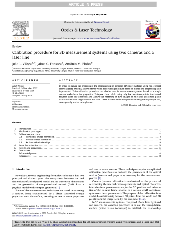 (PDF) Calibration procedure for 3D measurement systems using two ...