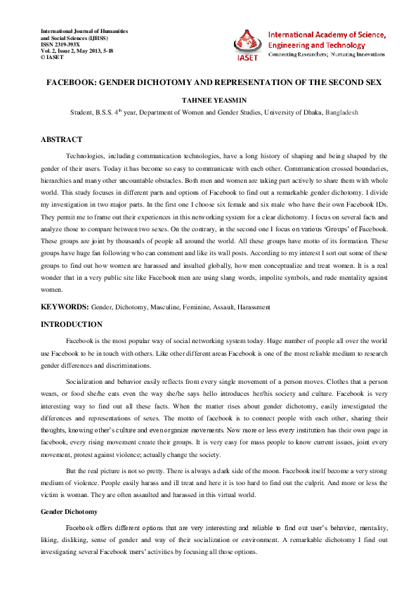 (PDF) Facebook: Gender Dichotomy and Representation of the Second Sex