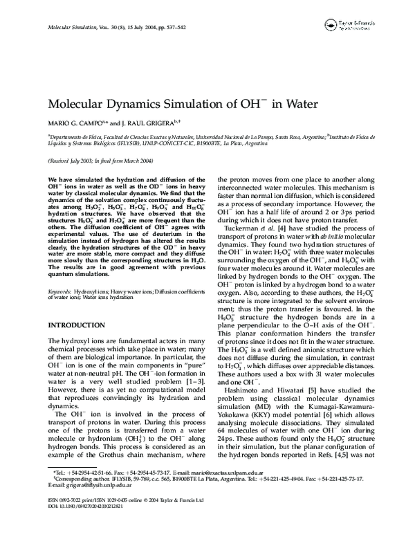 (PDF) Molecular Dynamics Simulation of OH in Water