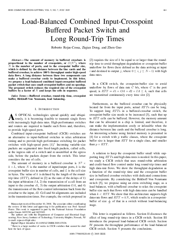 (PDF) Load-balanced combined input-crosspoint buffered packet switch and long round-trip times