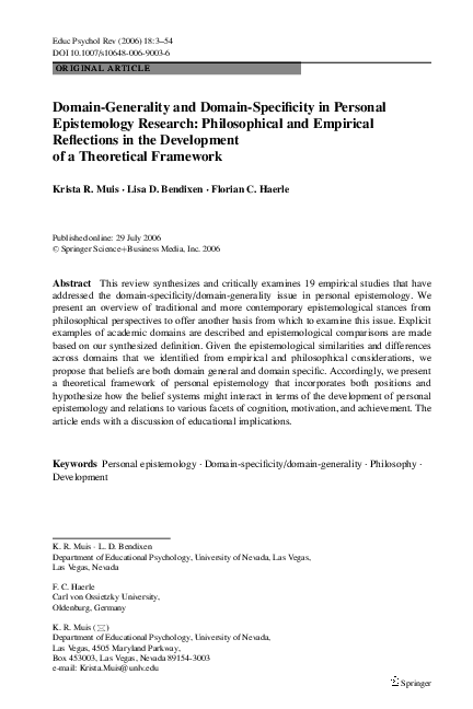 (PDF) Domain-generality and domain-specificity in personal epistemology ...
