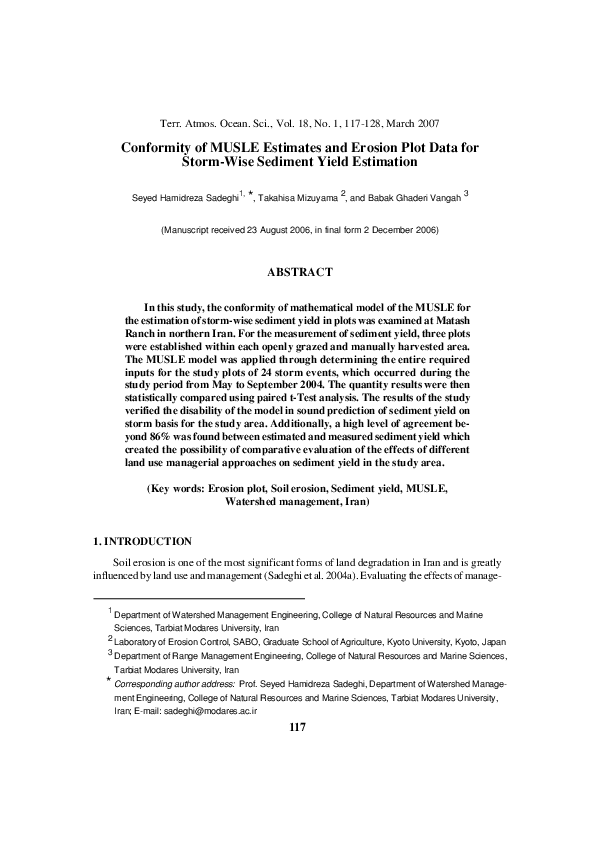 Pdf Conformity Of Musle Estimates And Erosion Plot Data For Storm Wise Sediment Yield Estimation