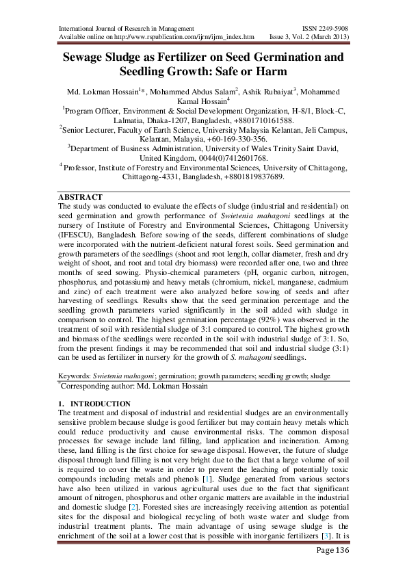(PDF) Sewage Sludge as Fertilizer on Seed Germination and Seedling ...