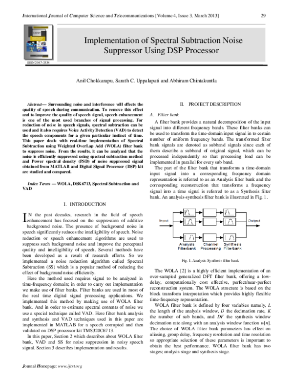 Pdf Implementation Of Spectral Subtraction Noise Suppressor Using Dsp