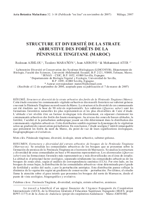 (PDF) STRUCTURE ET DIVERSITÉ DE LA STRATE ARBUSTIVE DES FORÊTS DE LA ...