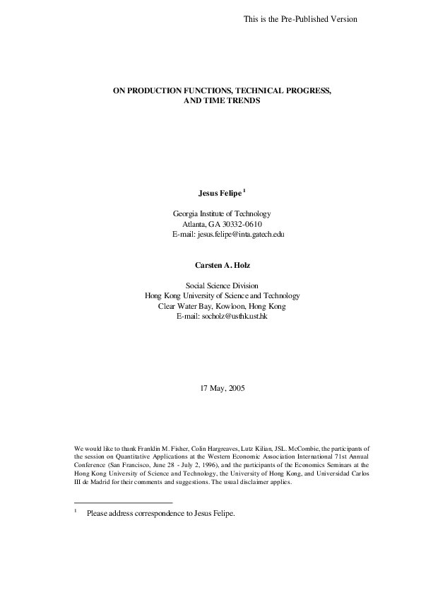 (PDF) ON PRODUCTION FUNCTIONS, TECHNICAL PROGRESS, AND TIME TRENDS