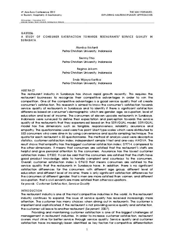 (PDF) A STUDY OF CONSUMER SATISFACTION TOWARDS RESTAURANTS'SERVICE ...
