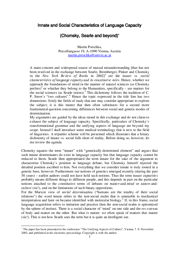 (PDF) Innate and social characteristics of language capacity: Chomsky ...