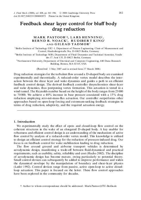 Feedback shear layer control for bluff body drag reduction