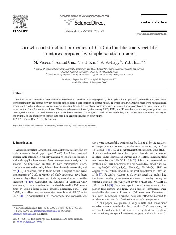 (PDF) Growth and structural properties of CuO urchin-like and sheet ...