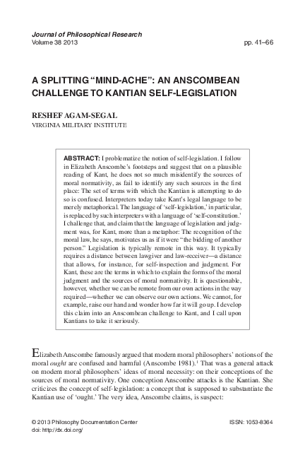 (PDF) A SPLITTING “MIND-ACHE”: AN ANSCOMBEAN CHALLENGE TO KANTIAN SELF ...