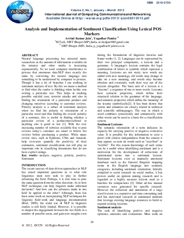 (PDF) Analysis and Implementation of Sentiment Classification Using Lexical POS