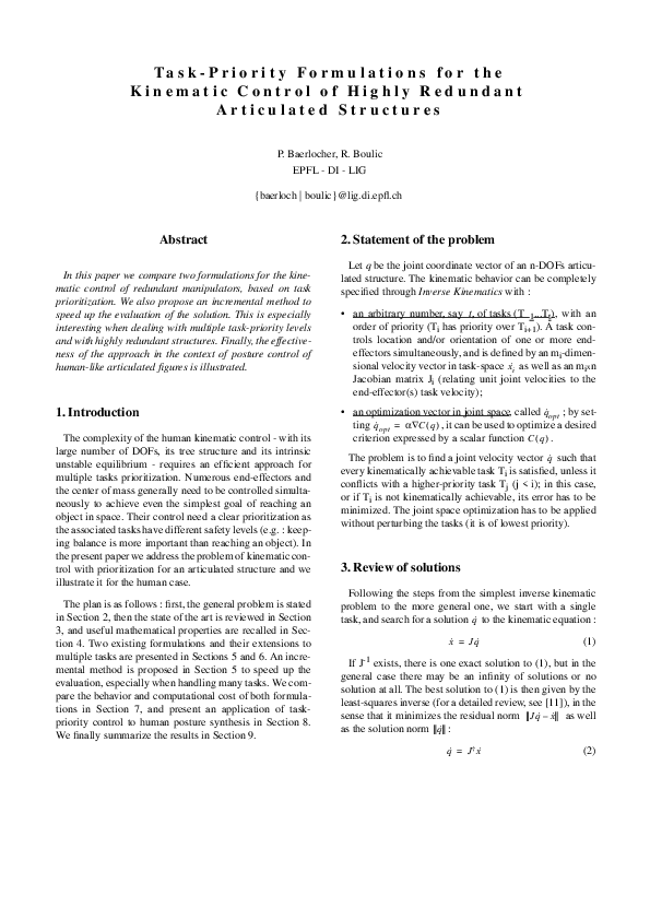 Pdf Task Priority Formulations For The Kinematic Control Of Highly Redundant Articulated