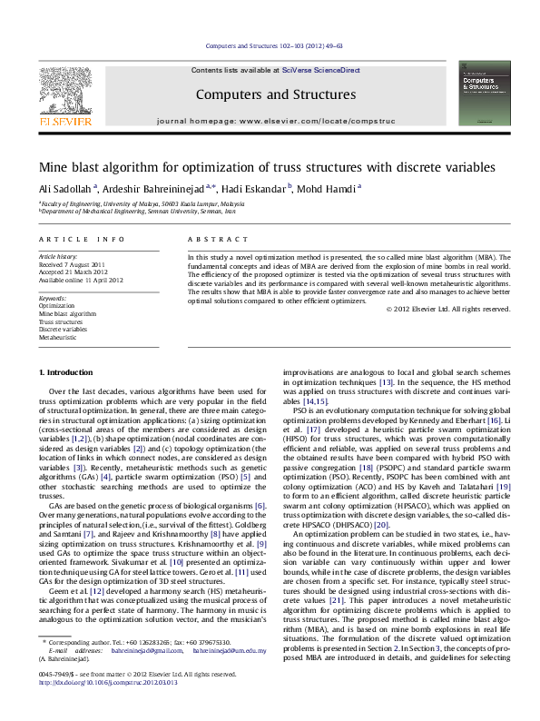 Pdf Mine Blast Algorithm For Optimization Of Truss Structures With Discrete Variables