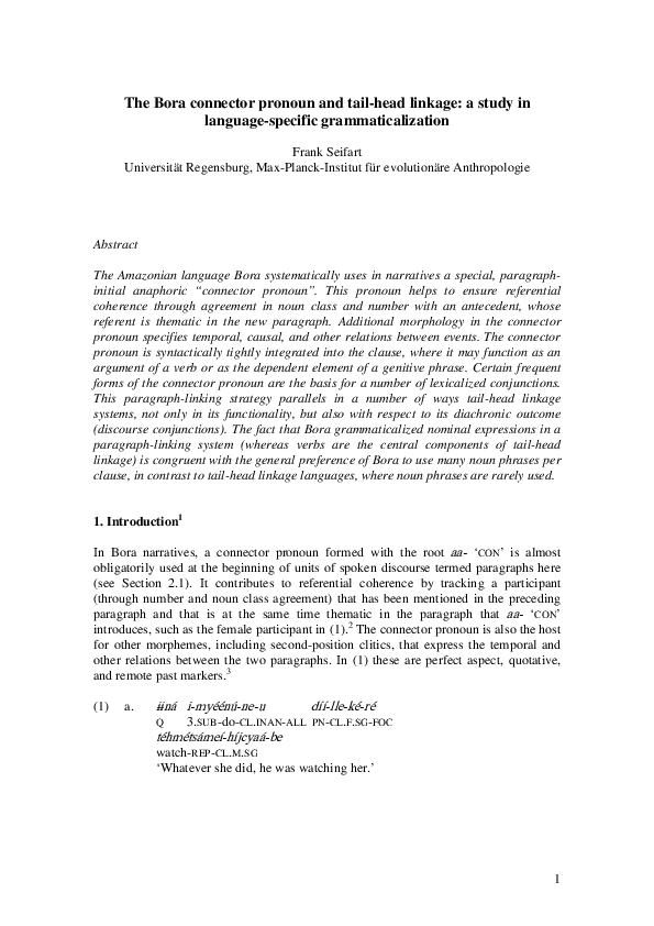 (PDF) The Bora connector pronoun and tail-head linkage: a study in language-specific ...