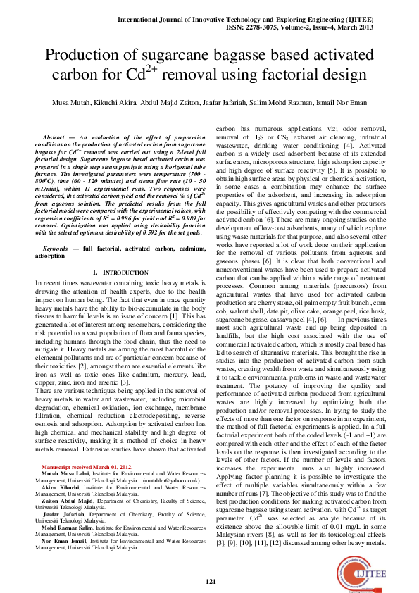 (PDF) Production of sugarcane bagasse based activated carbon for ...