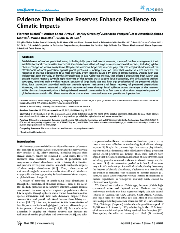 (PDF) Evidence that marine reserves enhance resilience to climatic impacts