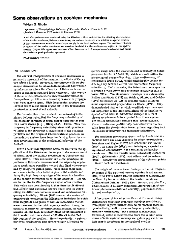 (PDF) Some observations on cochlear mechanics