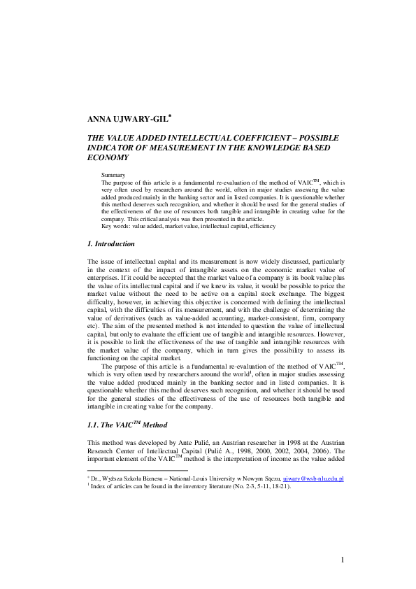 The Value Added Intellectual Coefficient Possible Indicator Of Measurement In The Knowledge