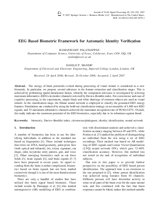 (PDF) EEG based biometric framework for automatic identity verification