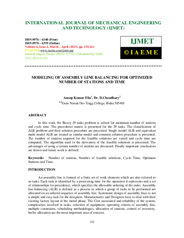 Pdf Modeling Of Assembly Line Balancing For Optimized Number Of