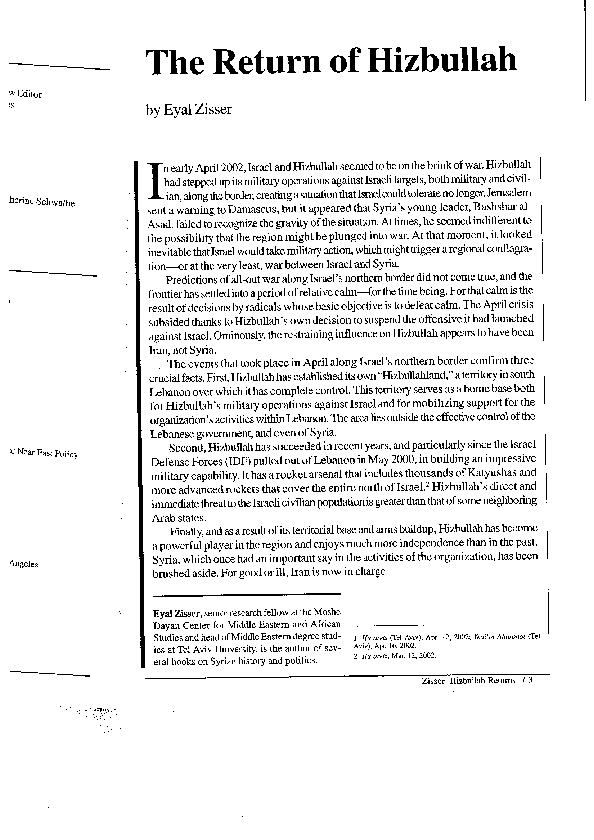 (PDF) the return of Hizballah | Eyal Zisser - Academia.edu