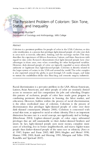 (PDF) The persistent problem of colorism: Skin tone, status, and inequality