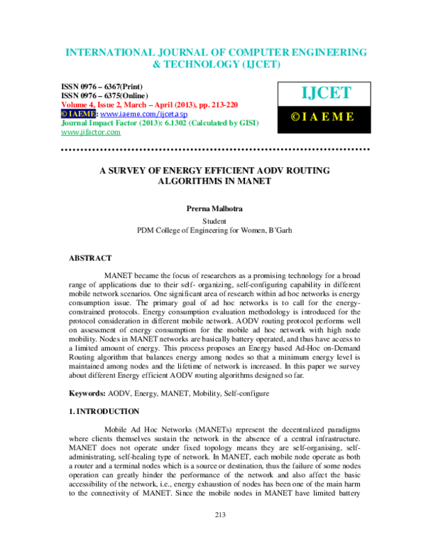 (PDF) A SURVEY OF ENERGY EFFICIENT AODV ROUTING ALGORITHMS IN MANET (PDF) A SURVEY OF ENERGY EFFICIENT AODV ROUTING ALGORITHMS IN MANET