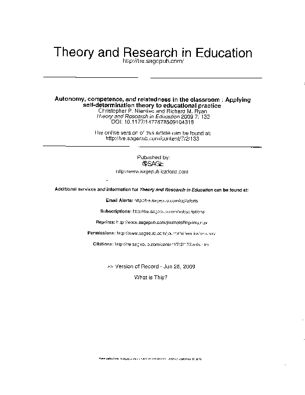 (PDF) Autonomy, competence, and relatedness in the classroom Applying ...