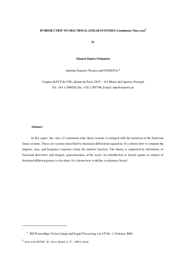 Pdf Introduction To Fractional Linear Systems I Continuous Time Case1