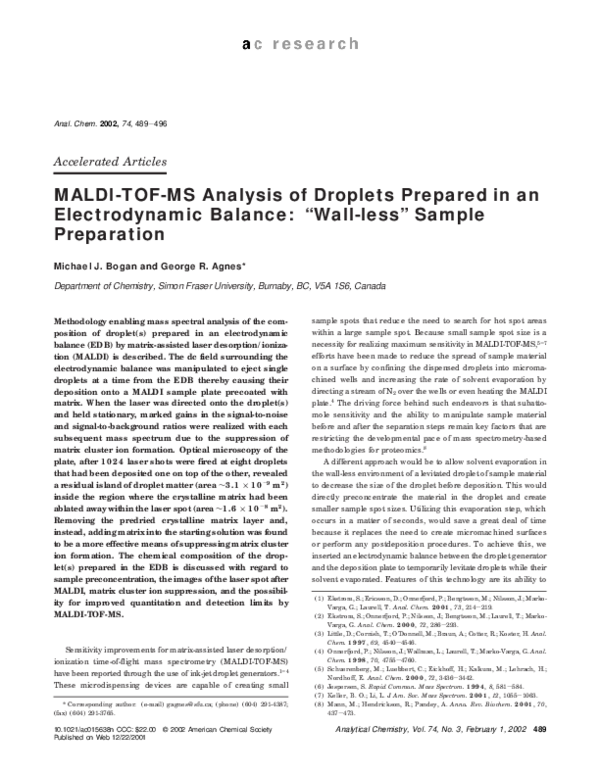 (PDF) MALDI-TOF-MS Analysis of Droplets Prepared in an Electrodynamic Balance: “Wall-less ...