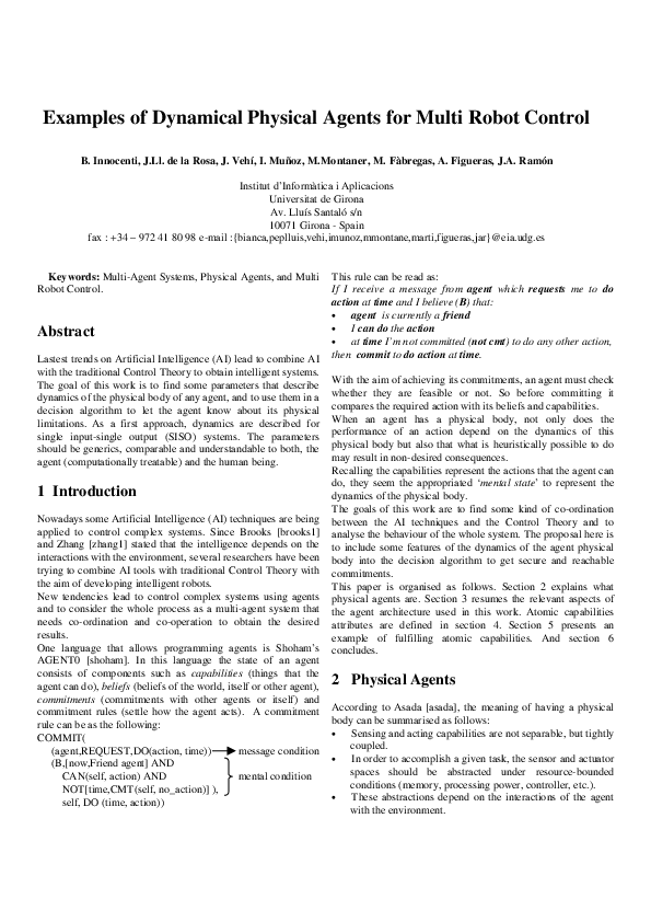 (PDF) Examples of Dynamical Physical Agents for Multi Robot Control