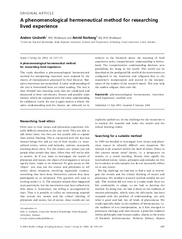 (PDF) A phenomenological hermeneutical method for researching lived ...