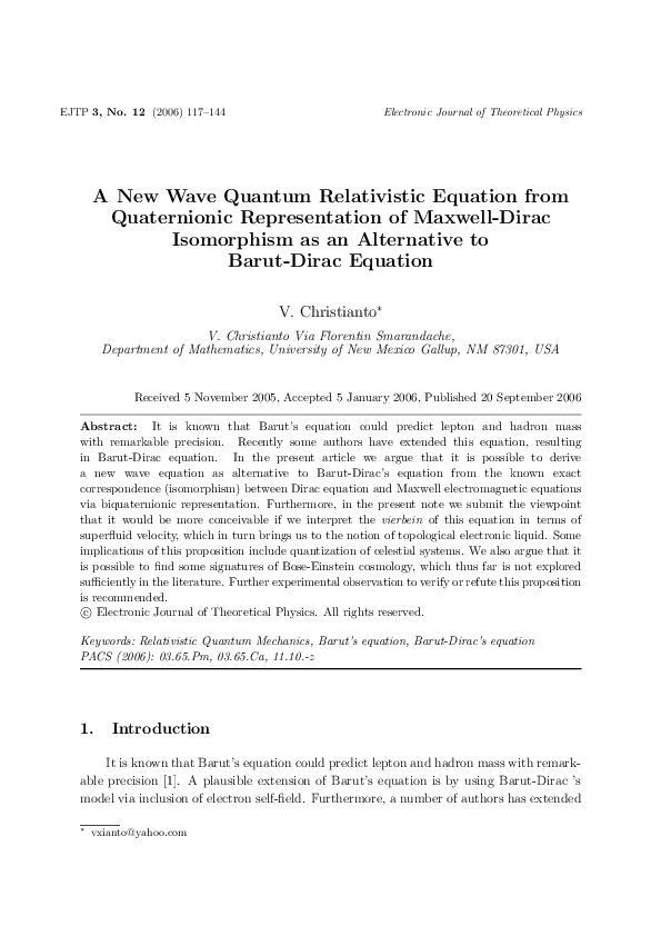 (PDF) A New Wave Quantum Relativistic Equation from Quaternionic Representation of Maxwell-Dirac ...