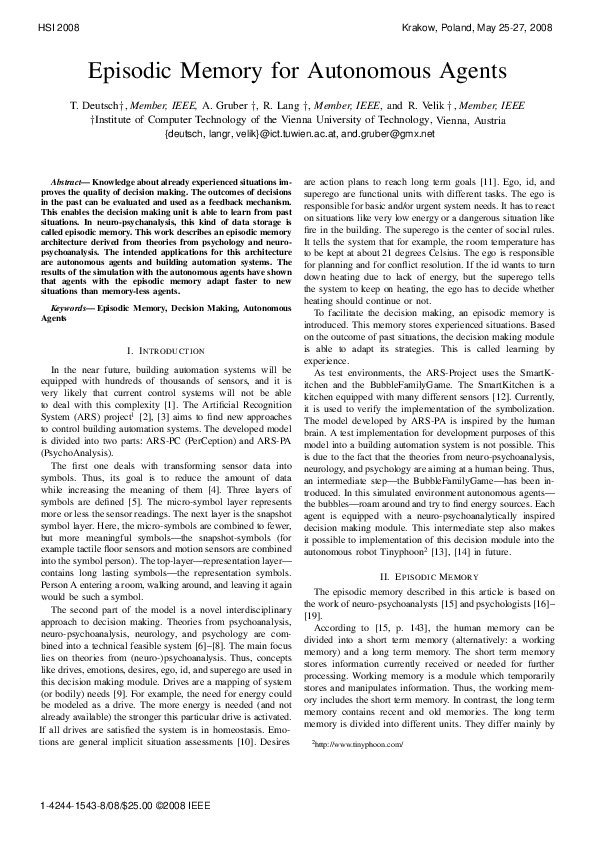 (PDF) Episodic memory for autonomous agents