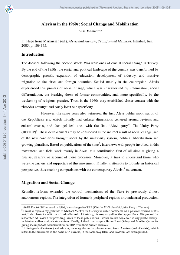 (PDF) Alevism In the 1960s: Social Change and Mobilisation