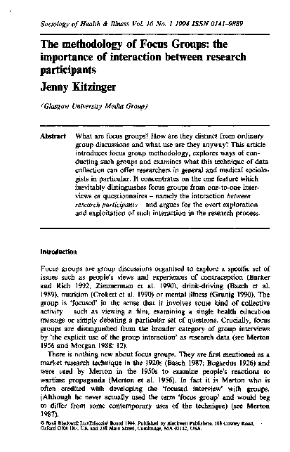 (PDF) The methodology of focus groups: the importance of interaction ...