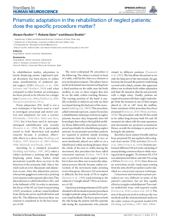 (PDF) Prismatic adaptation in the rehabilitation of neglect patients: Does the specific ...