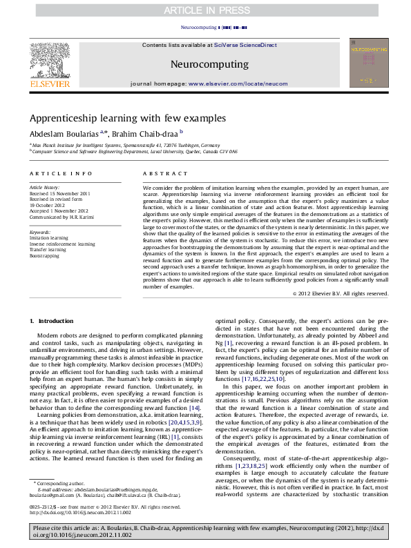 (PDF) Apprenticeship learning with few examples