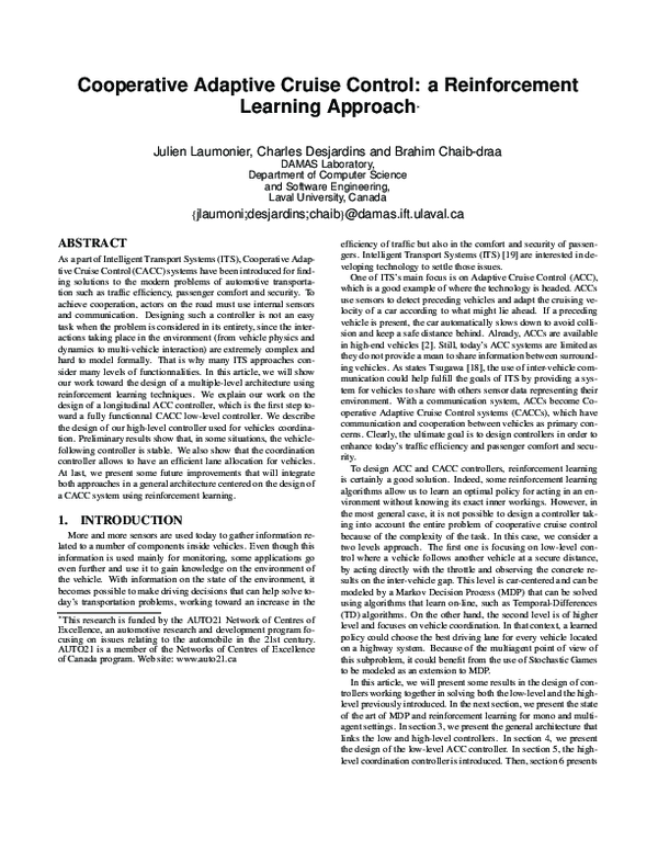 (PDF) Cooperative adaptive cruise control: a reinforcement learning approach