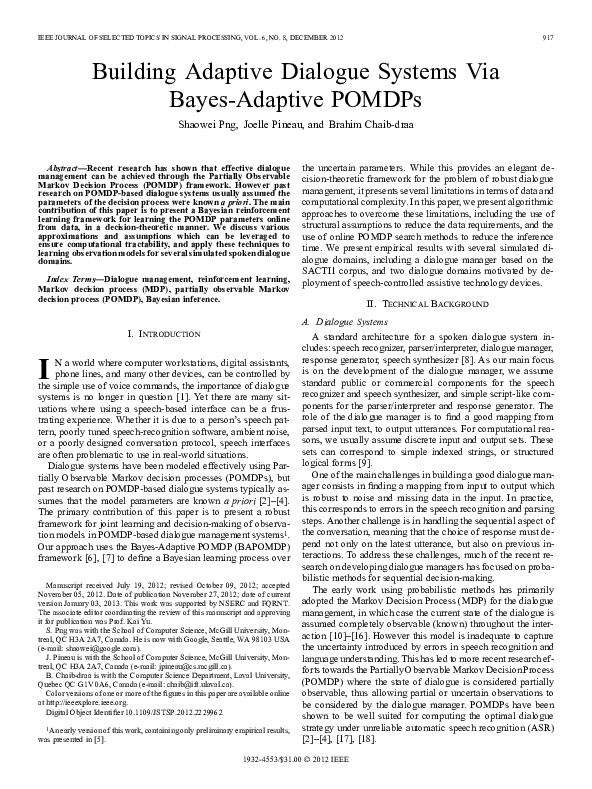 (PDF) Building Adaptive Dialogue Systems Via Bayes-Adaptive POMDPs