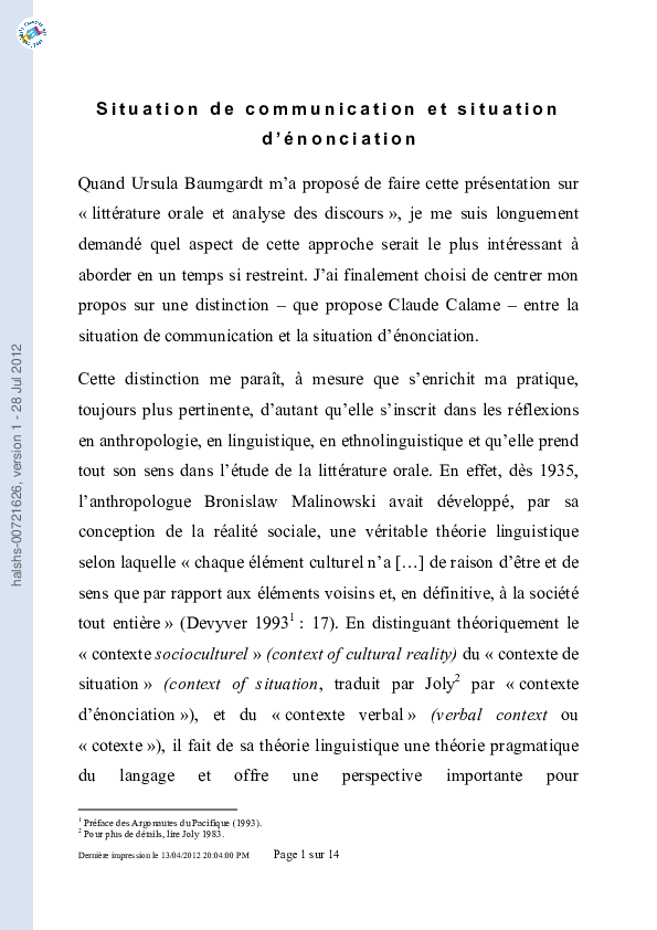 la situation d'énonciation pdf